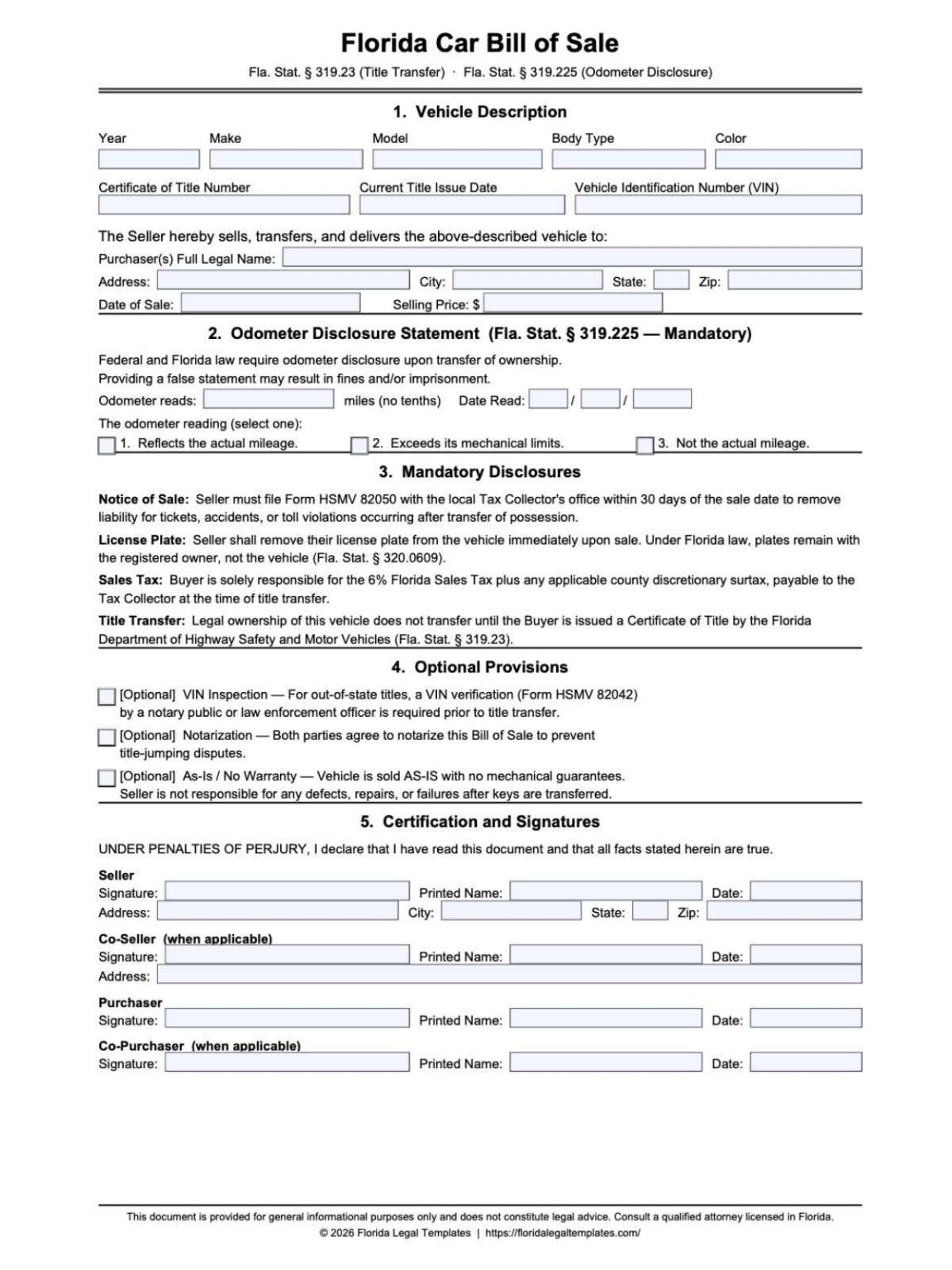 Florida Car Bill of Sale [Free Printable, Fillable PDF] - Florida Legal ...