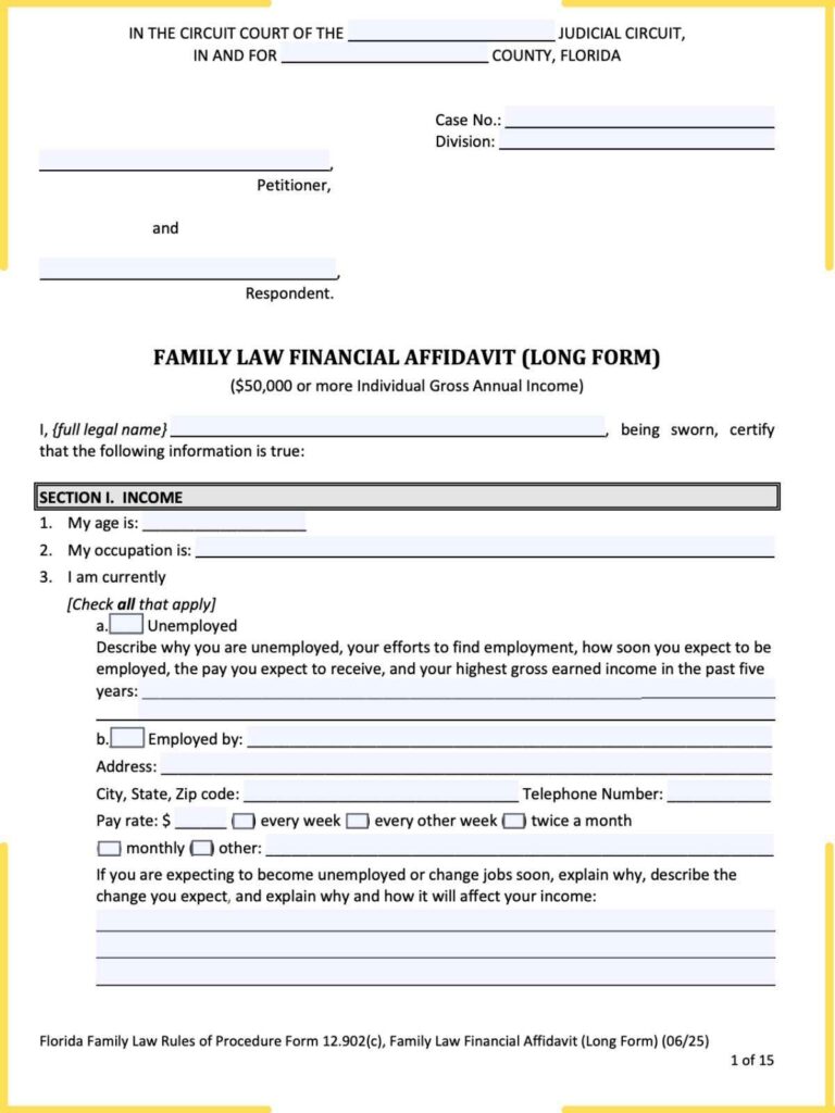 Florida Financial Affidavit [Free Printable, Fillable PDF] - Florida ...