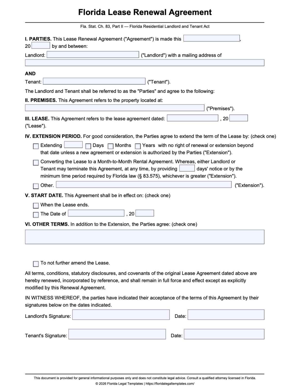 Florida Lease Renewal Agreement [Free Printable, Fillable PDF ...